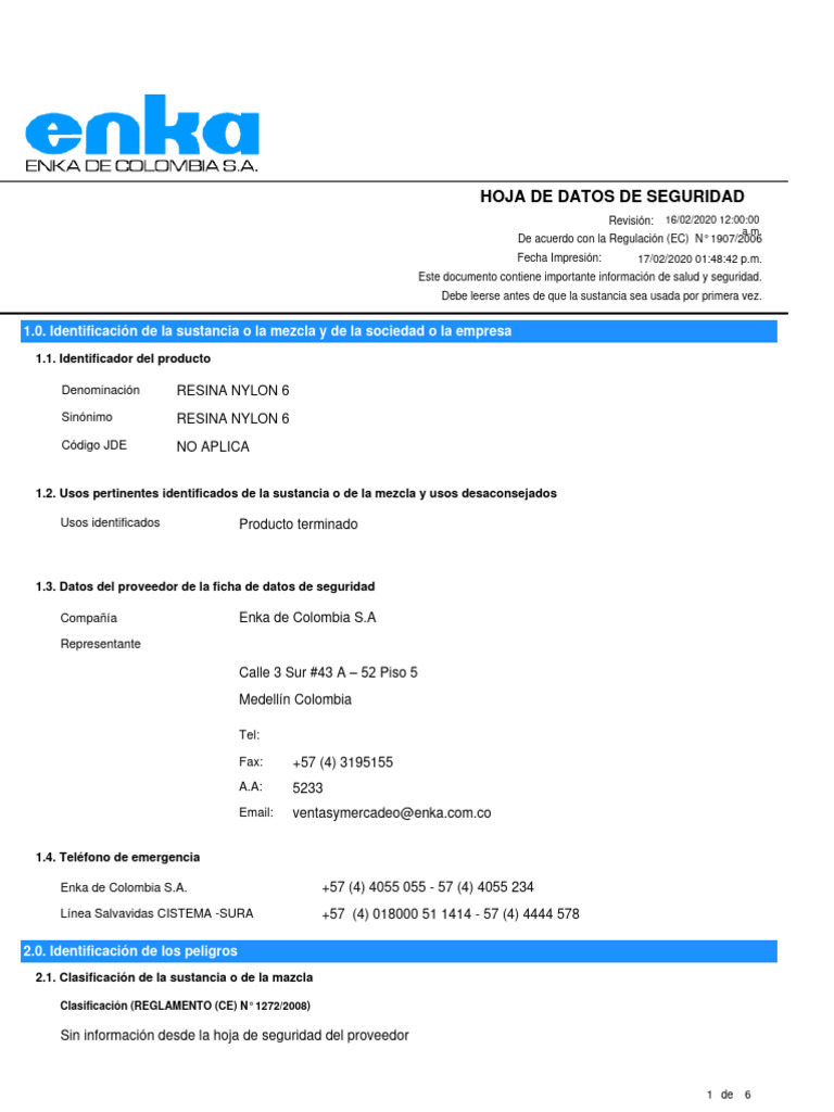 Resina NYLON 6 - MSDS | PDF