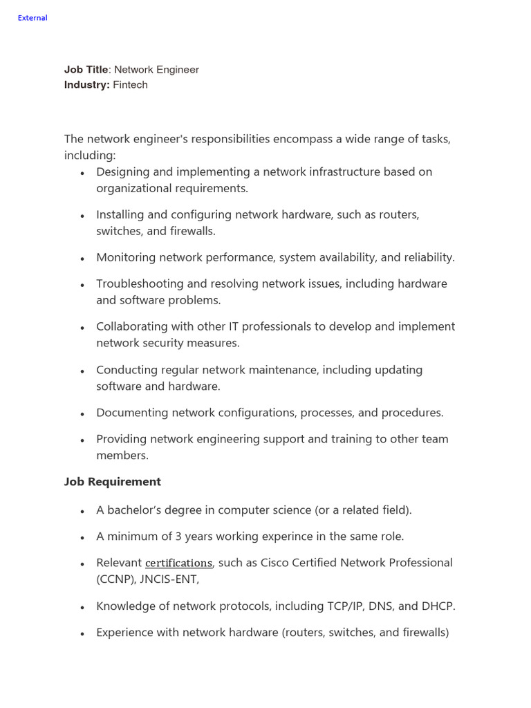 Job Description For Network Engineer | PDF