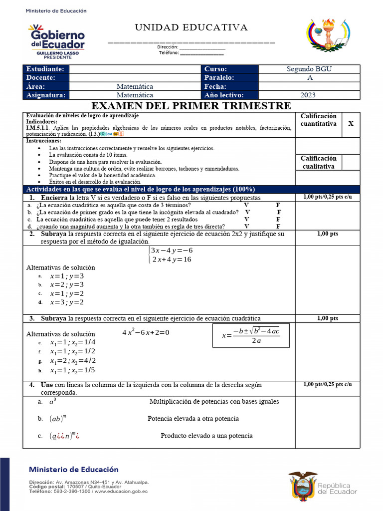 Exa 1T Mat 2do Bgu | PDF | Ecuaciones | Conceptos matemáticos