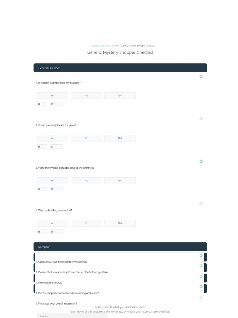 GoAudits - Generic Mystery Shopper Checklist (Sample) | PDF