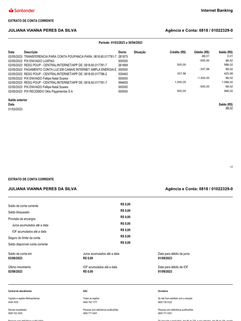Extrato de Conta Corrente Juliana Vianna | PDF | Conta de transação ...