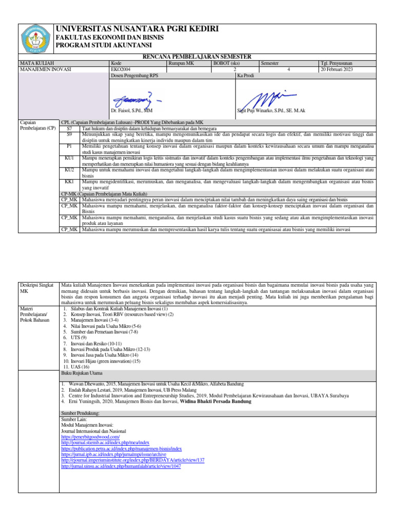 RPS Manajemen Inovasi - Genap 2023 | PDF