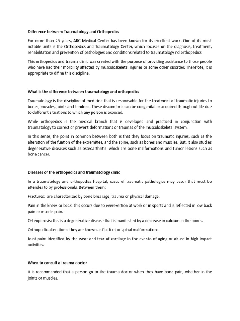 Difference Between Traumatology and Orthopedics | PDF | Hueso ...