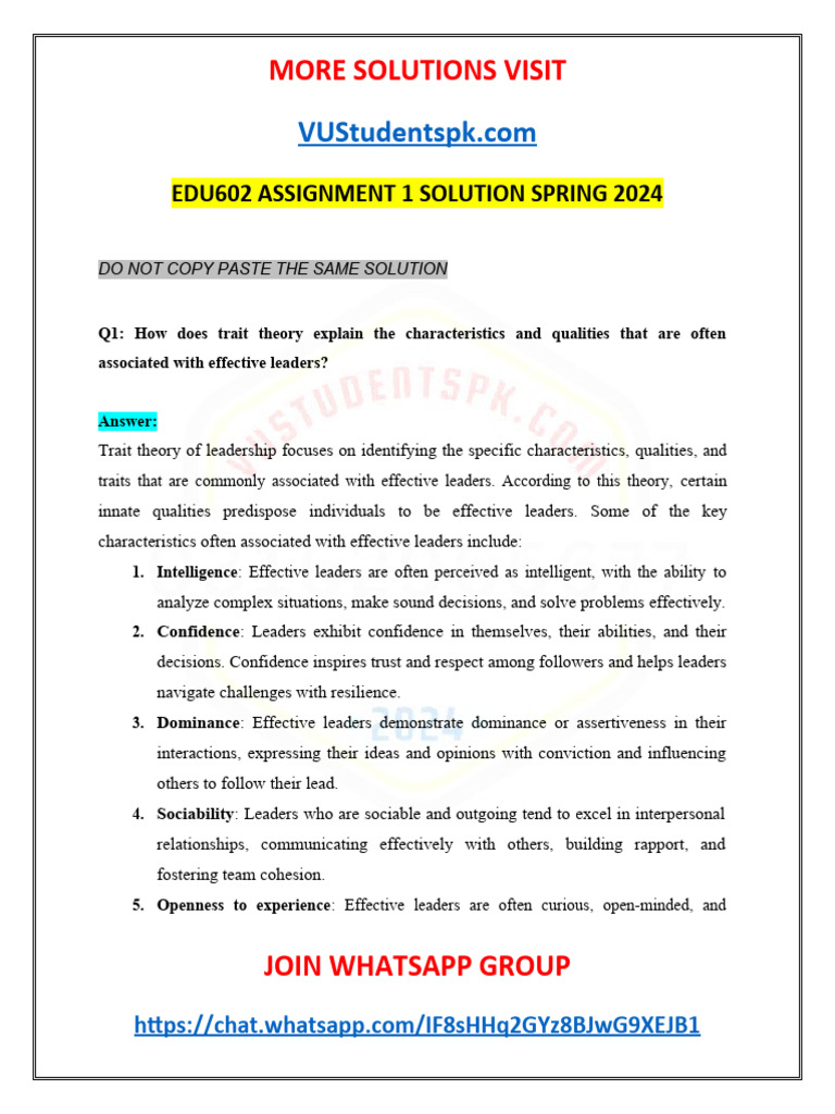 EDU602 Assignment 1 Solution Spring 2024 | PDF | Leadership | Transformational Leadership