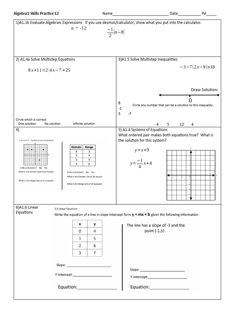 Alg1 Skills Practice E2 With Key | PDF | Equations | Polynomial