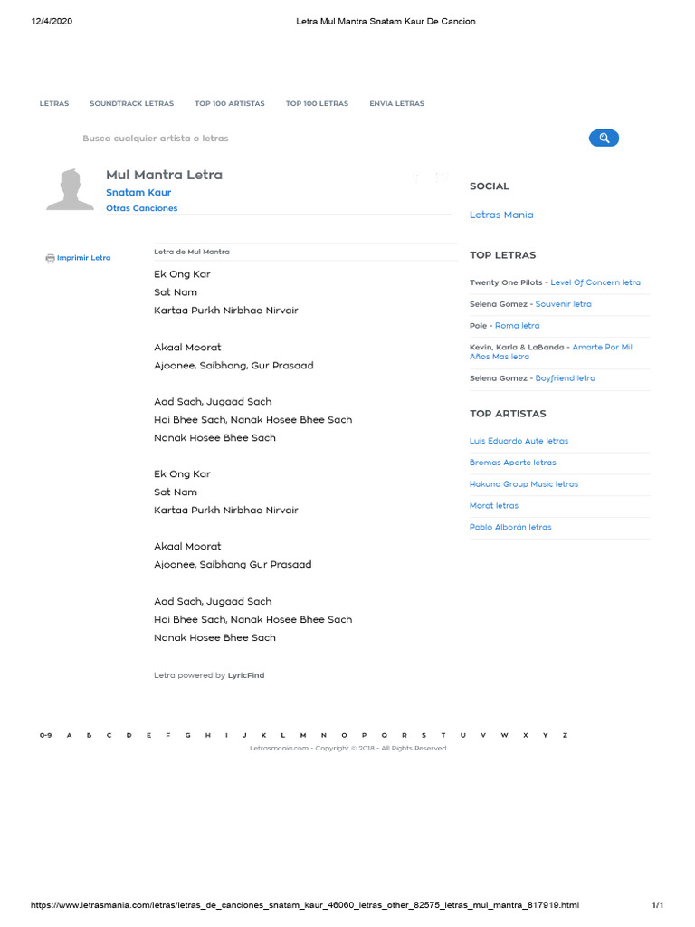 Mul Mantra Snatam Kaur Texto | PDF