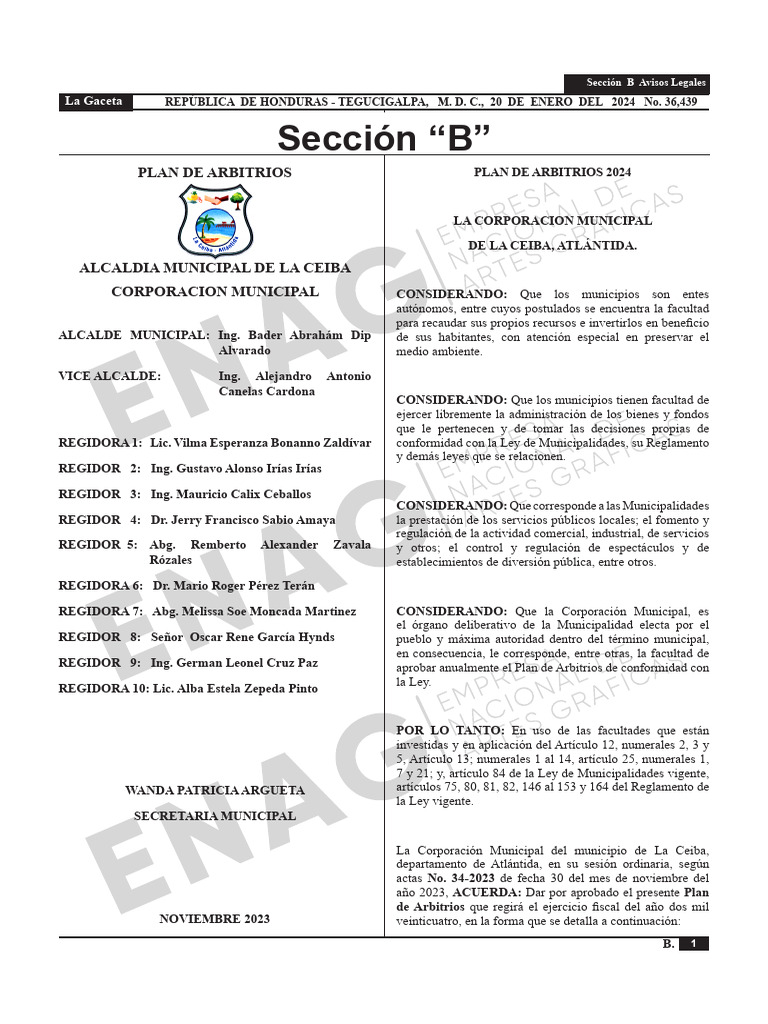 Plan de Arbitrios 2024 Municipalidad de La Ceiba, Atlantida | Descargar gratis PDF | Impuestos ...