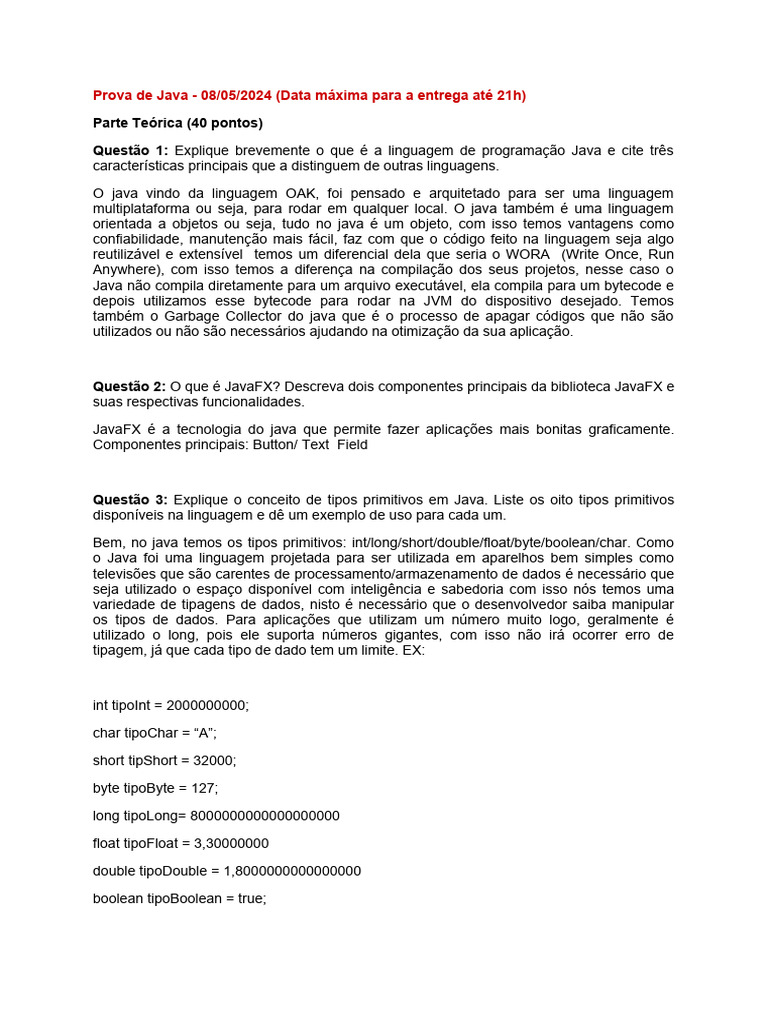 Prova Java: Teoria e Prática 2024 | PDF | Java (linguagem de ...