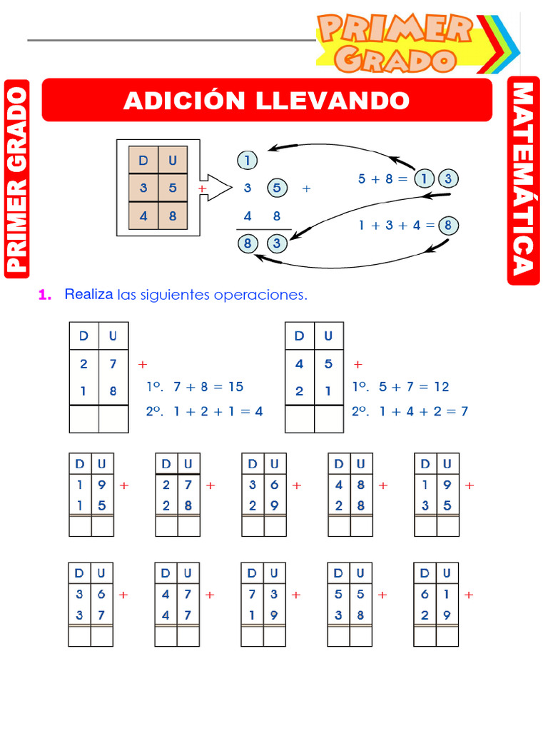 Adición Llevando para Primer Grado de Primaria | PDF