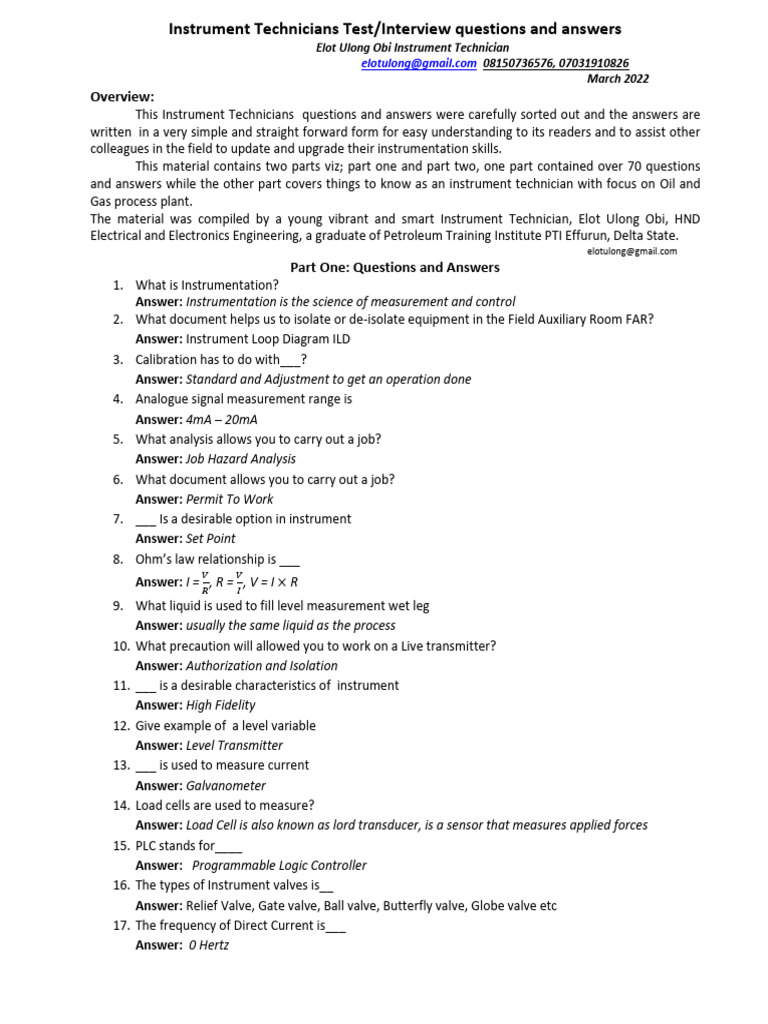 Instrument Technician Questions With Answers 2022 by Elot Ulong | PDF | Instrumentation | Valve
