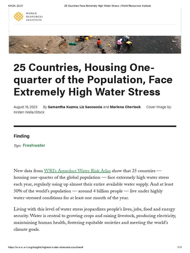 25 Countries Face Extremely High Water Stress - World Resources Institute | PDF | Water Scarcity ...