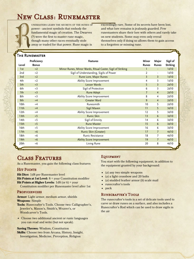 Runemaster Class Overview and Features | PDF | Runes | Armour
