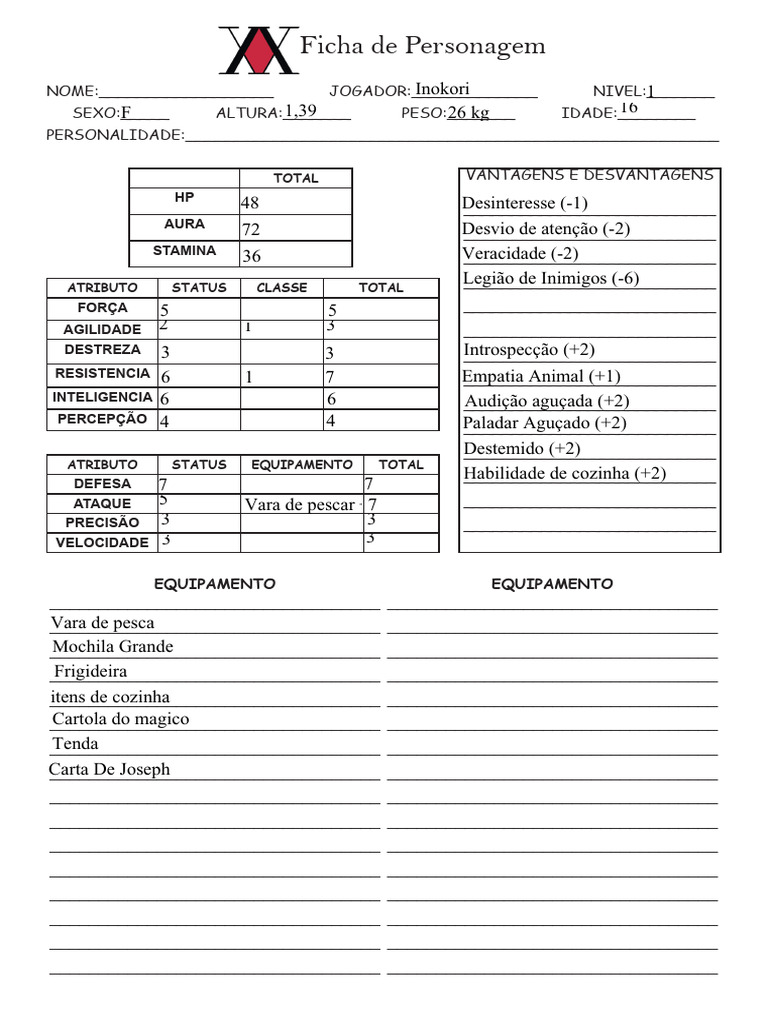 Hunter X Hunter Ficha de RPG - 2 | PDF