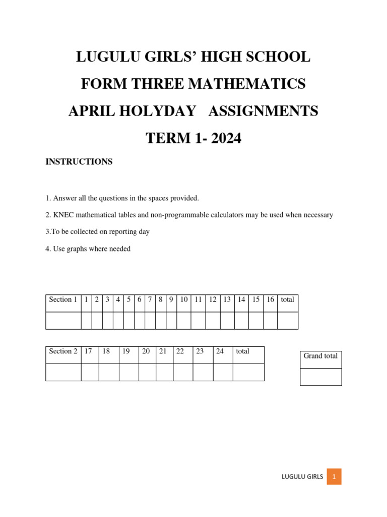April Holiday Assignment Assignments - Form 3 - Mathematics | PDF ...
