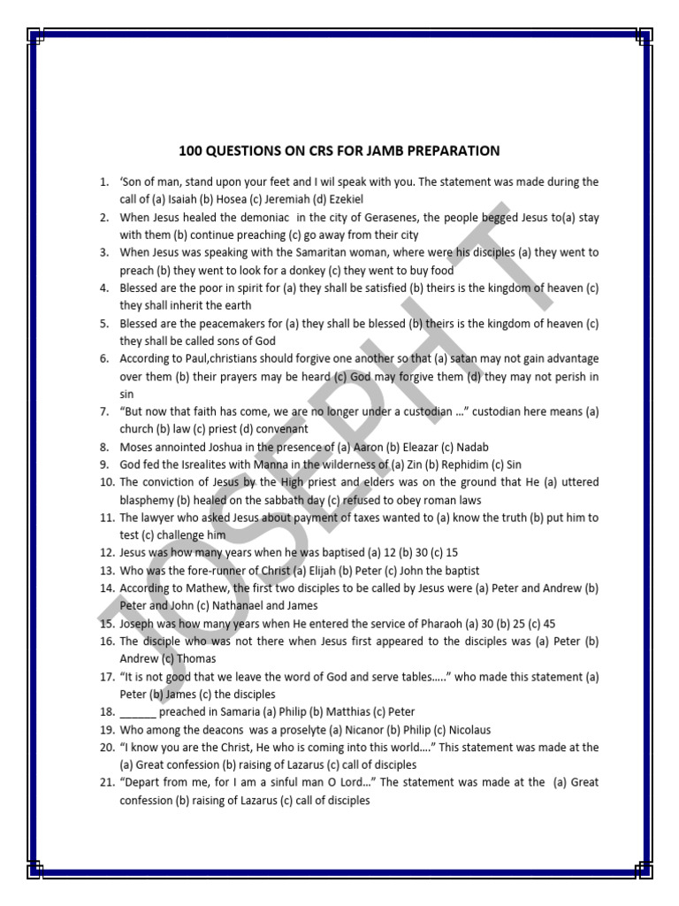 100 Questions On CRS For Jamb Preparation | PDF | Paul The Apostle | Jesus