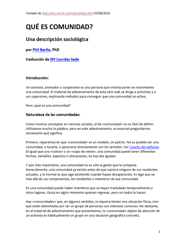 Phil Bartle - QUÉ ES COMUNIDAD. Una Descripción Sociológica | PDF ...