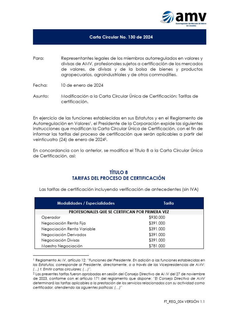1 - Carta Circular No. 130 Tarifas de Certificacion 2024 | PDF | Gobierno