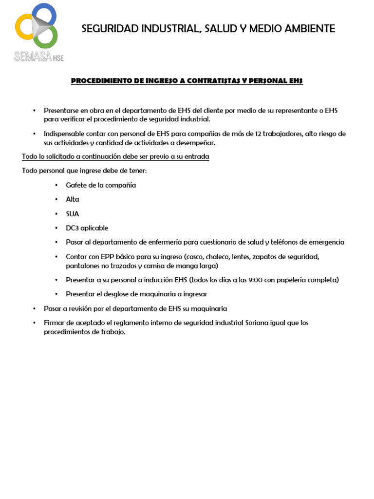 Procedimiento de Ingreso A Contratistas y Personal Ehs | PDF
