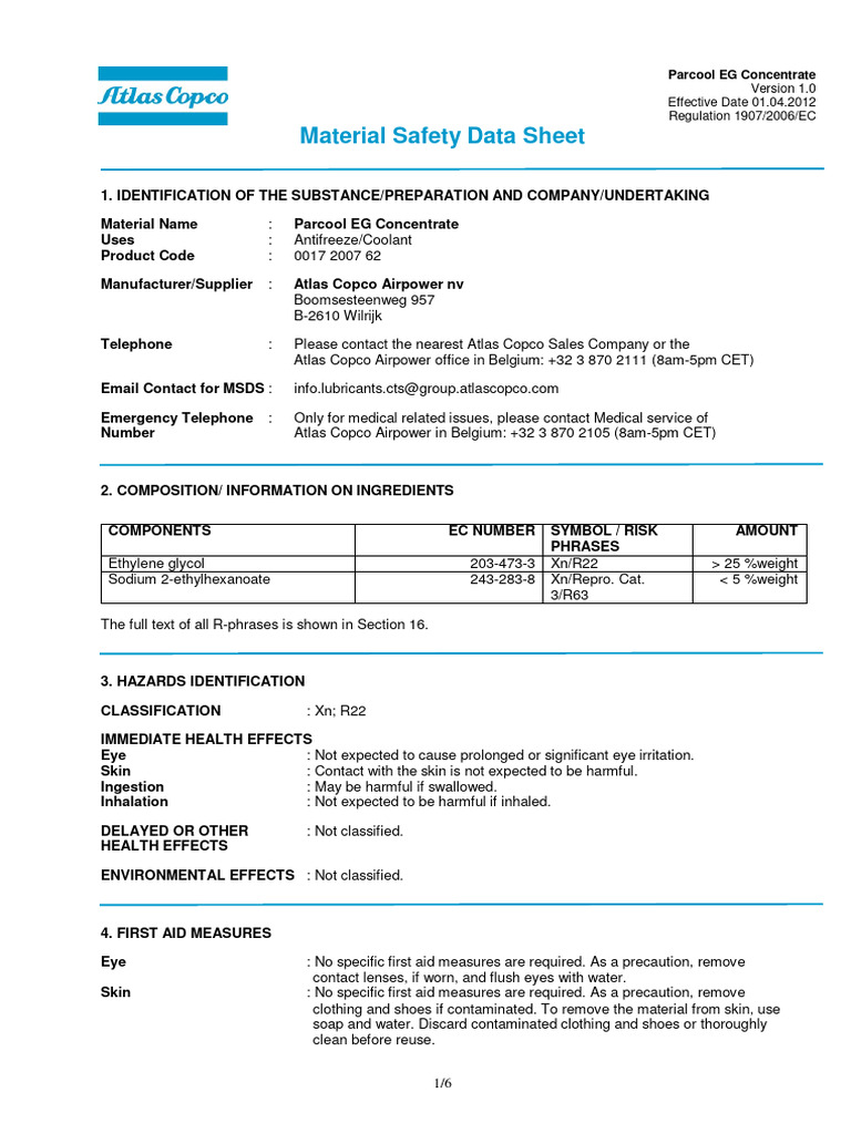Parcool EG Antifreeze MSDS Overview | PDF | Personal Protective ...