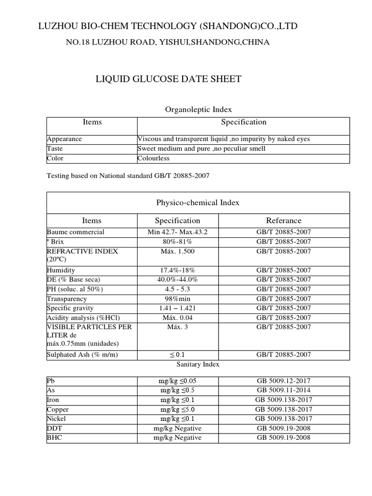 Specification of Luzhou Glucose Syrup Actual | PDF