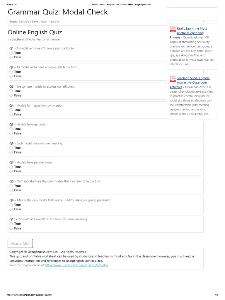 'Modal Check' - English Quiz & Worksheet | PDF | Verb | Syntax