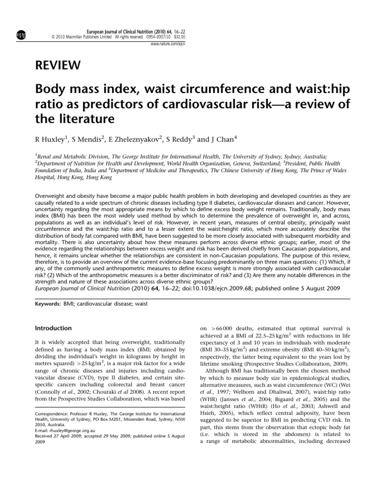 Body Mass Index, Waist Circumference and Waist:hip Ratio As Predictors of Cardiovascular Risk-A ...