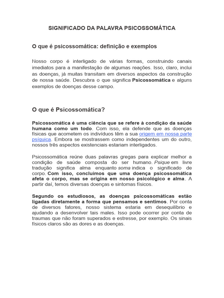 Texto Significado Da Palavra Psicossomática | PDF | Medicina ...