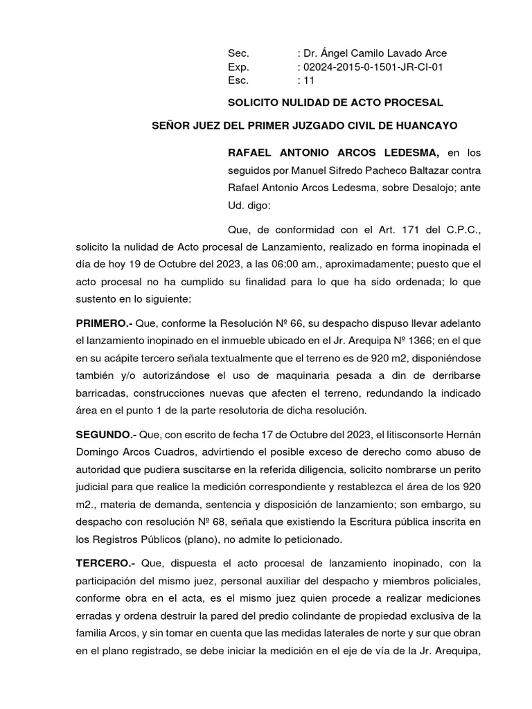 solicito nulidad de acto procesal - arcos | Descargar gratis PDF | Ley procesal | Sentencia (ley)