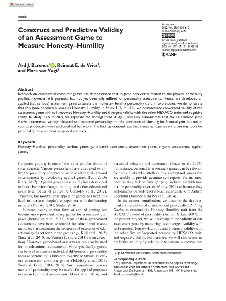 Uso de Juego Serio para Medir Parámetro de HEXACO (Honesty-Humility) (Z ...