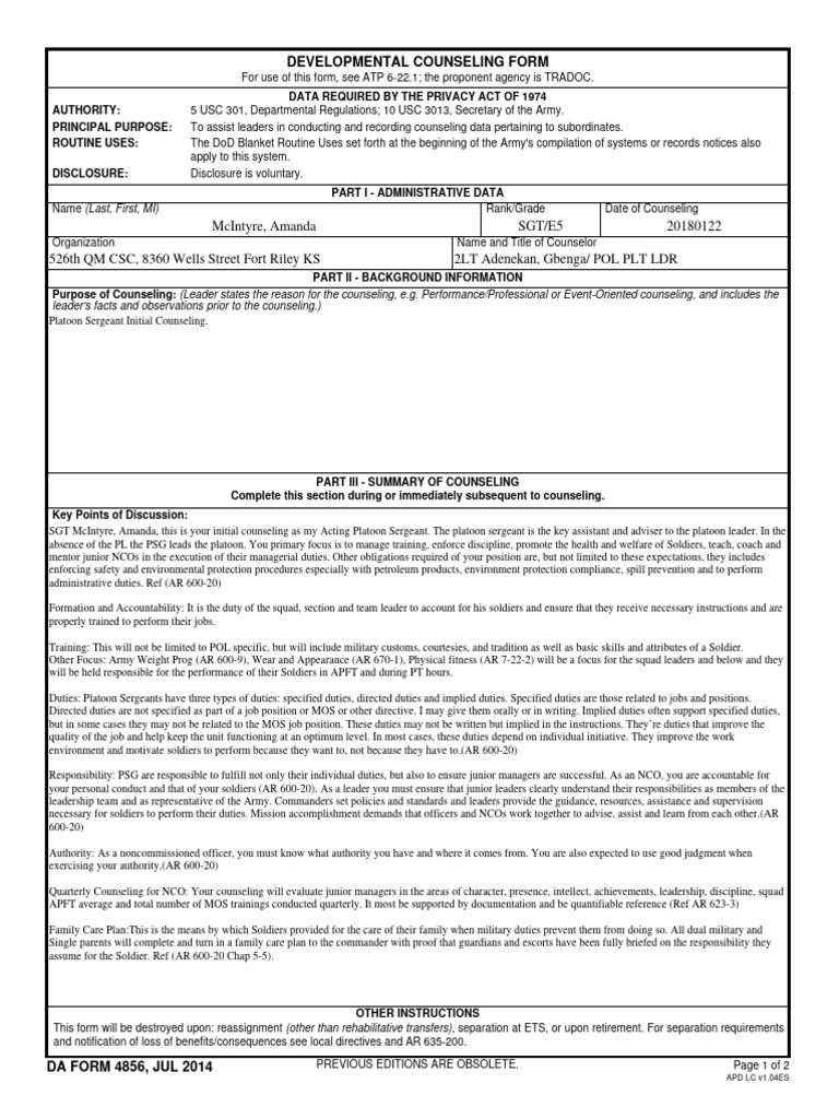 Initial Counseling for Platoon Sergeant | PDF | Non Commissioned Officer | Sergeant