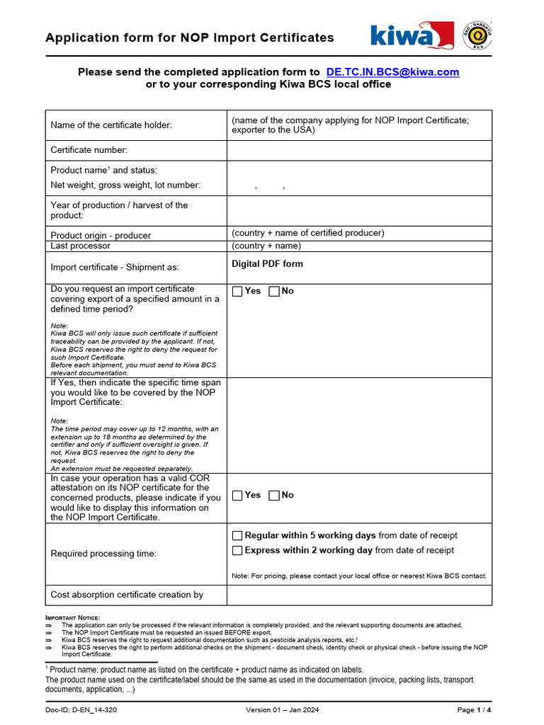 D en 14 320 Application Nop Import Certificate | PDF | Business | Finance & Money Management