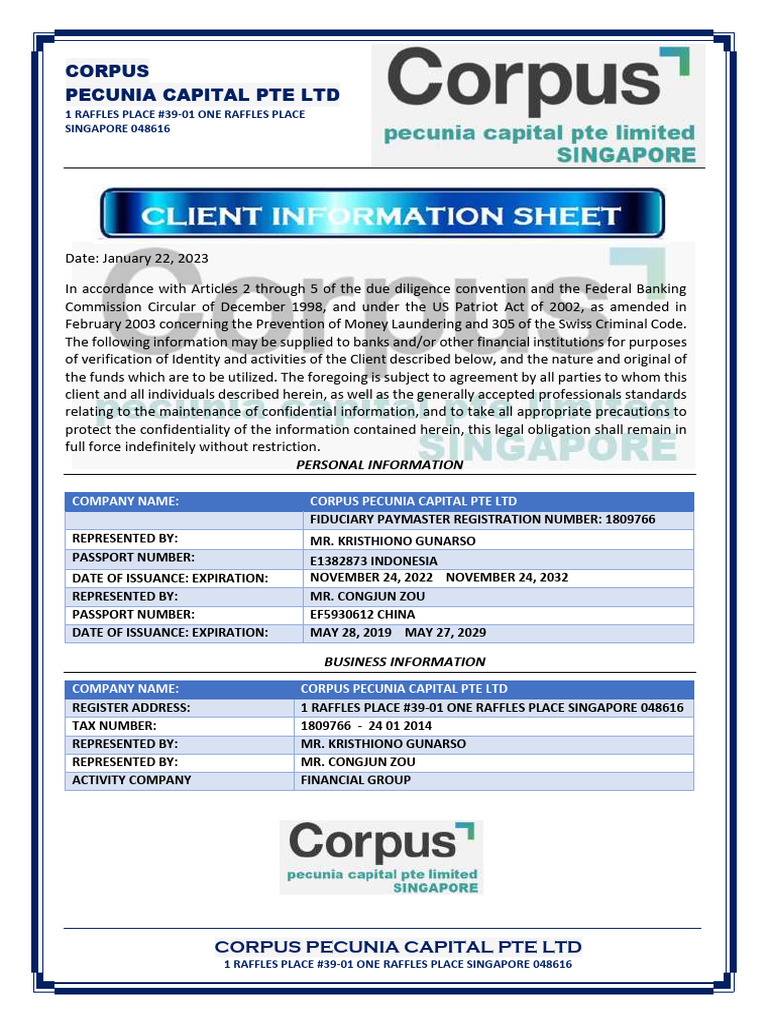 Pecunia Capital Client Verification Document | PDF | Financial Services