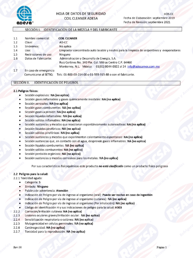 Hoja de Seguridad COIL CLEANER | PDF