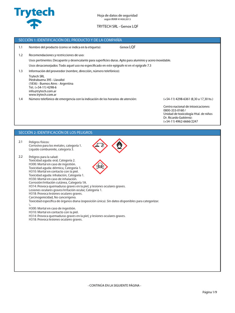 GENOX® LQF Limpiador y Abrillantador | PDF | Toxicidad | Corrosión