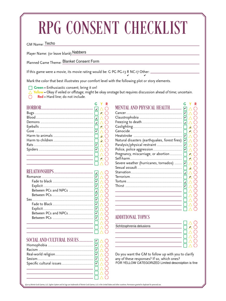 RPG Consent Checklist Template | PDF | Cooking, Food & Wine | Lifestyle