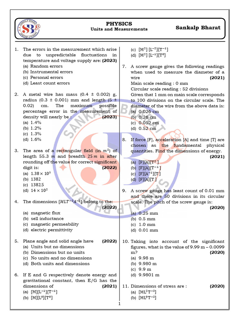Units & Measurement - by MadXAbhiOfficial - PYQs | PDF | Measurement | Physics