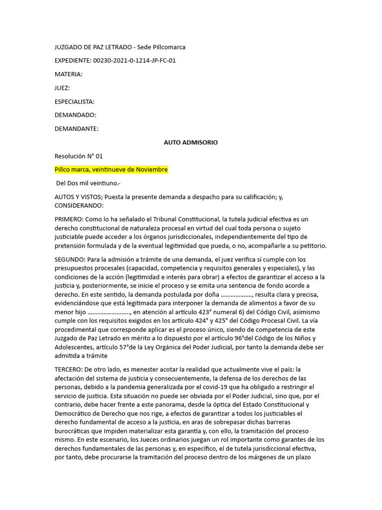 Auto Admisorio | PDF | Demanda judicial | Ley procesal