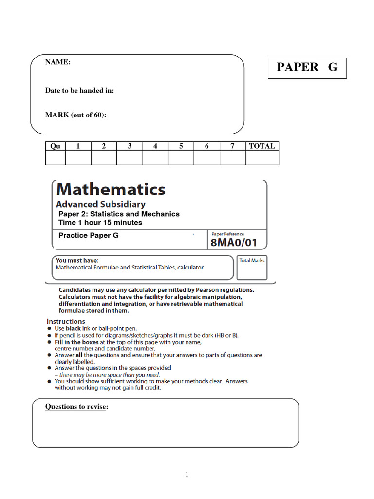 13 AS Statistics and Mechanics Practice Paper G | PDF | Acceleration ...