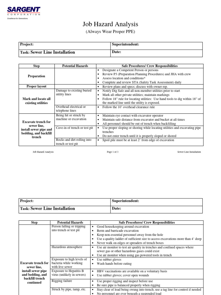 Sewer Line Installation Job Hazard Analysis | PDF | Trench