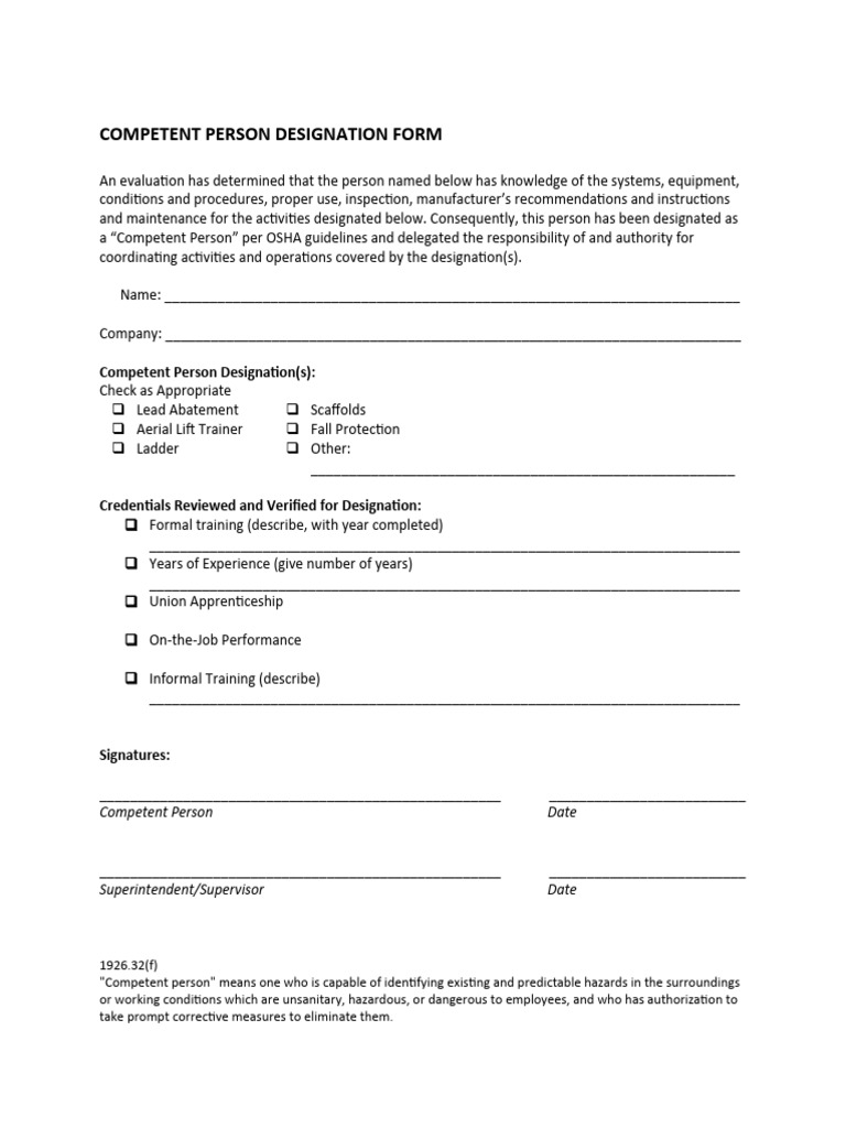 Safety Form Template - Competent Person Designation Form | PDF ...