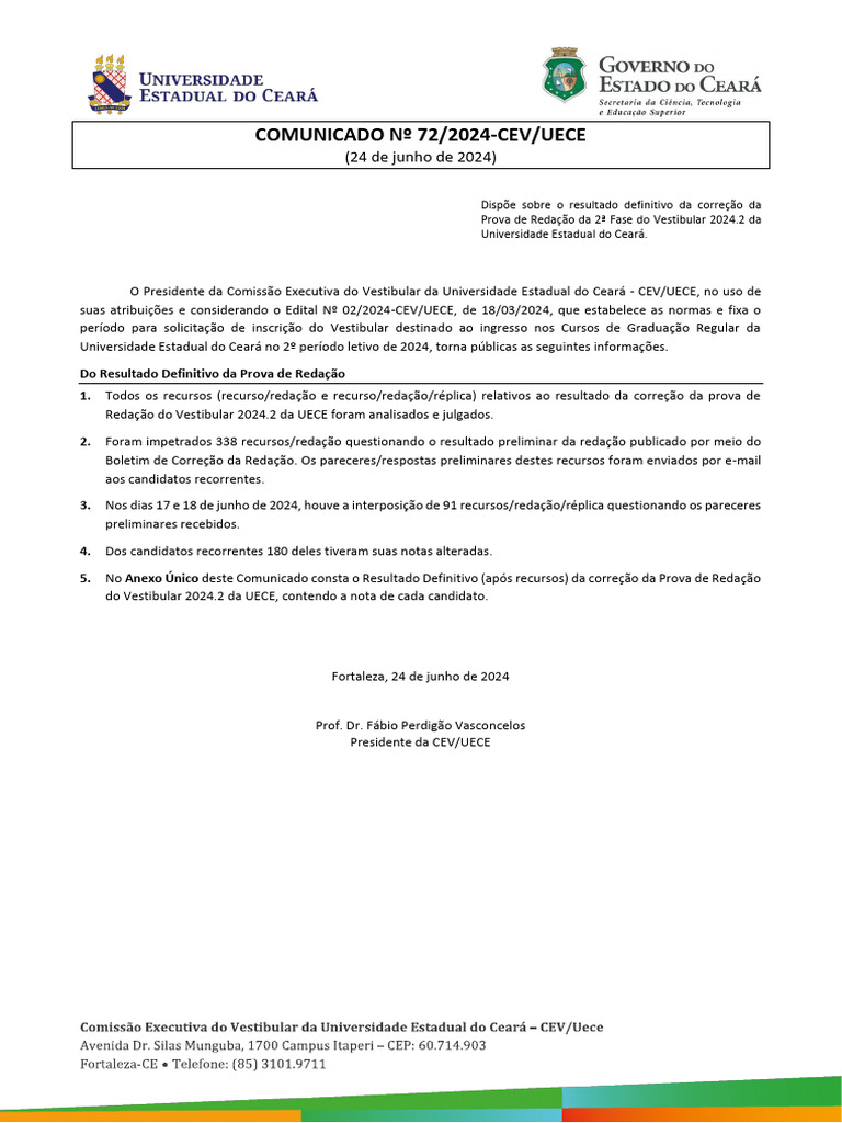 Comunicado 722024 Cev - Uece | PDF | Qualificações | Academia