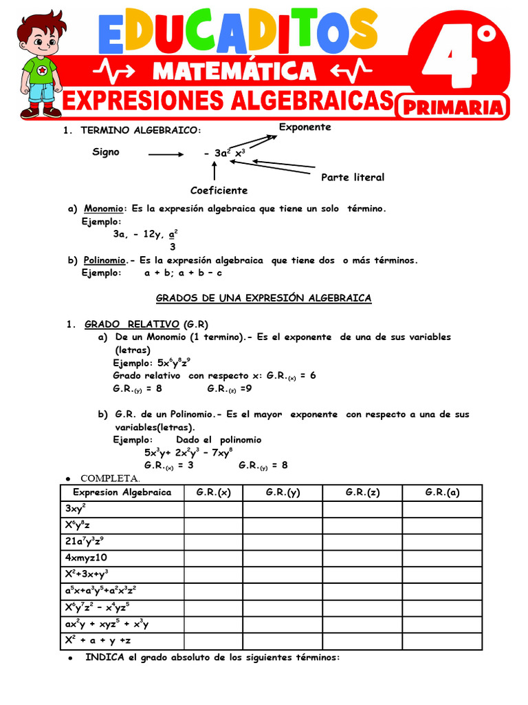 Expresiones Algebraicas para 4to Primaria | PDF | Análisis numérico ...