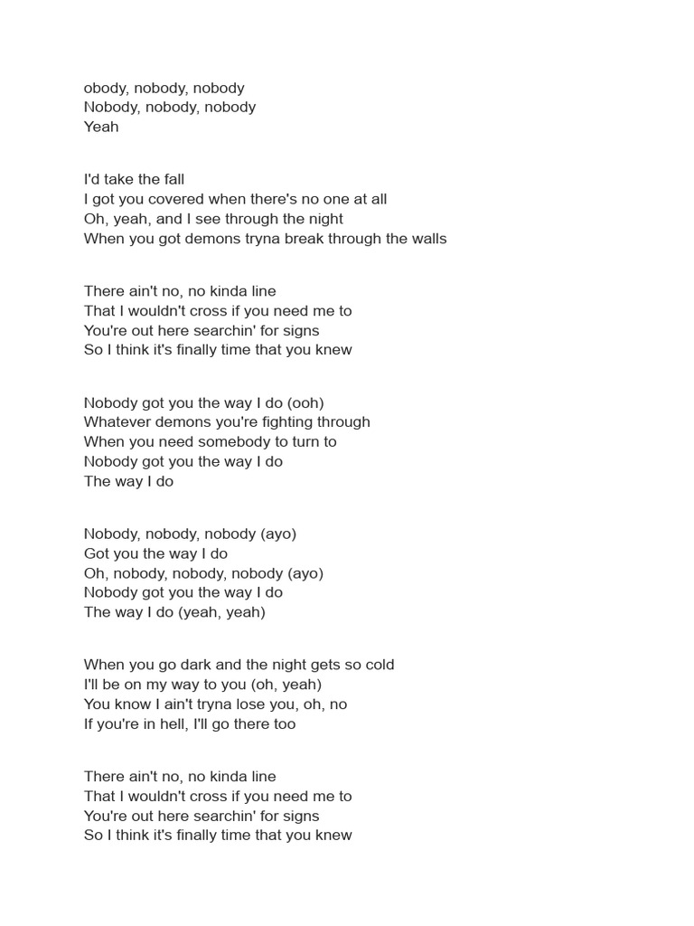 Nobody Got You Like I Do Lyrics | PDF | Poetry