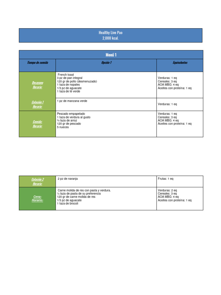 Menu 2,000 Kcal | PDF
