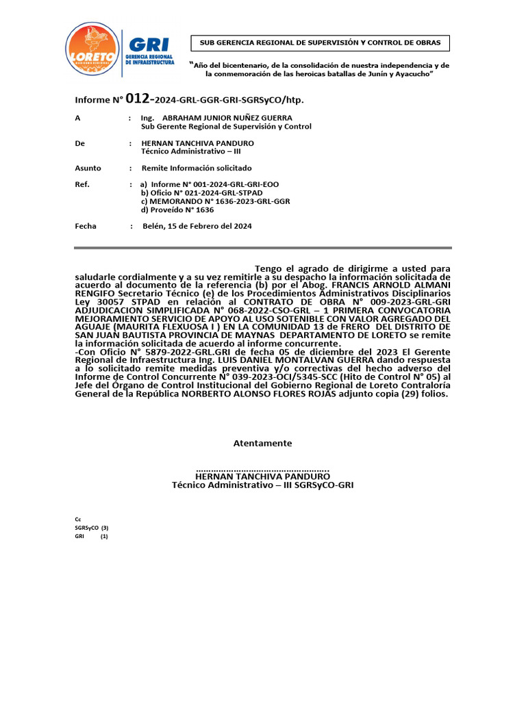 INFORME N°012-2024-GRL-GRI-SGSyC-htp-EL AGUAJE | PDF