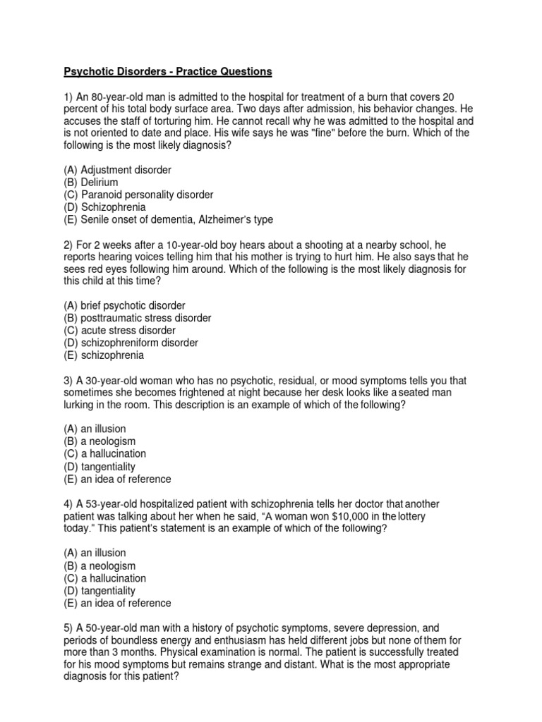 Psychosis Practice Questions | PDF | Psychosis | Mental Disorder