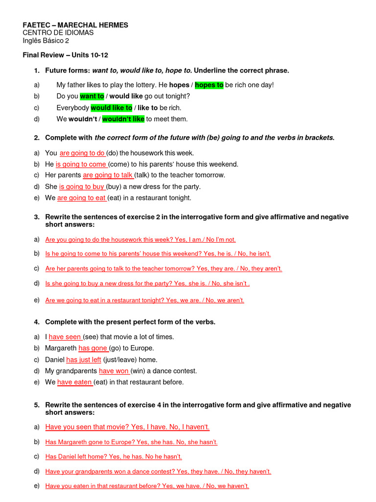 Elementary 2 Final Review Answer Key | PDF | Syntax | Semantic Units