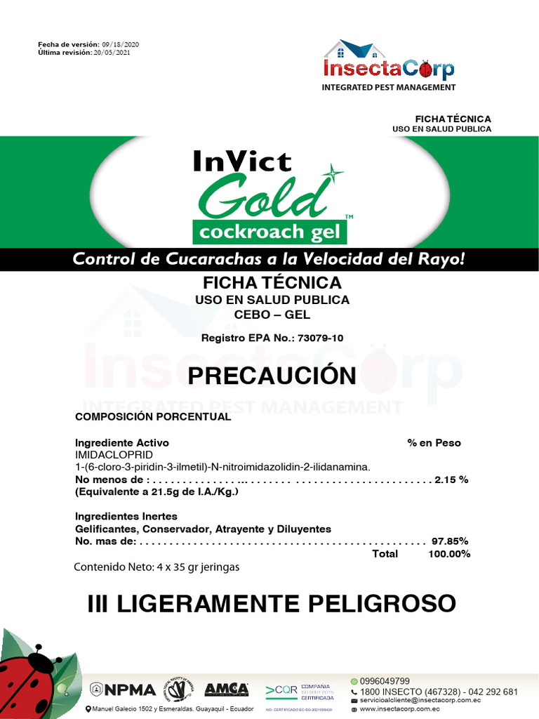 GEL CUCARACHA Ficha Tecnica InVict Gold Cockroach Gel | PDF | Insectos ...
