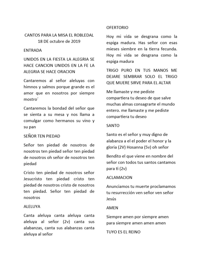 CANTOS PARA LA MISA EL ROBLEDAL 18 DE octubre de 2019 | Descargar gratis PDF | eucaristía | Jesús