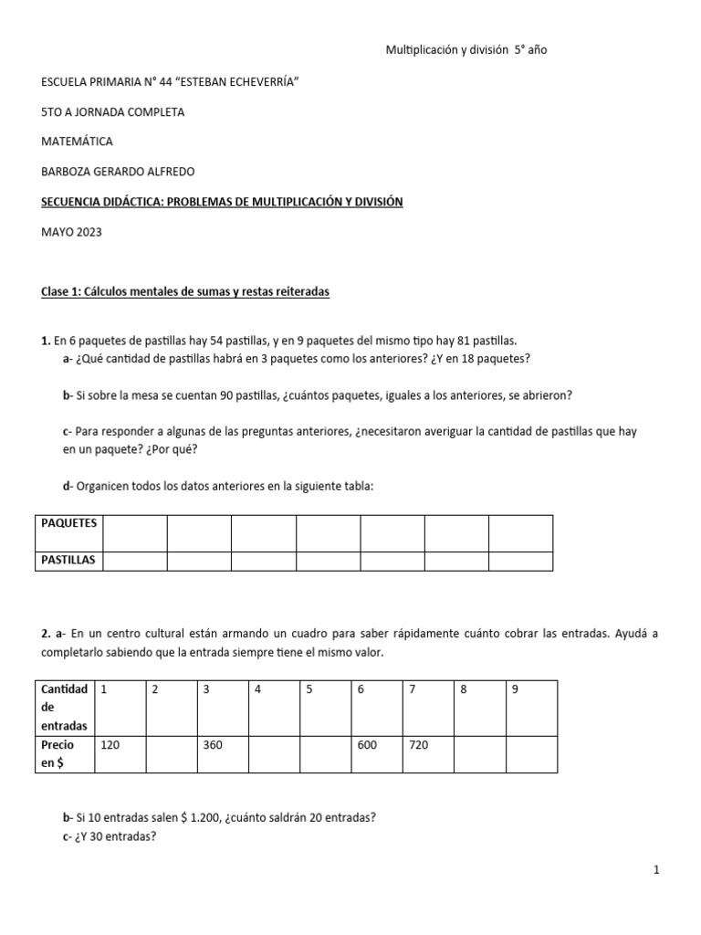 Problemas de Multiplicación y División 5° | PDF | Multiplicación ...